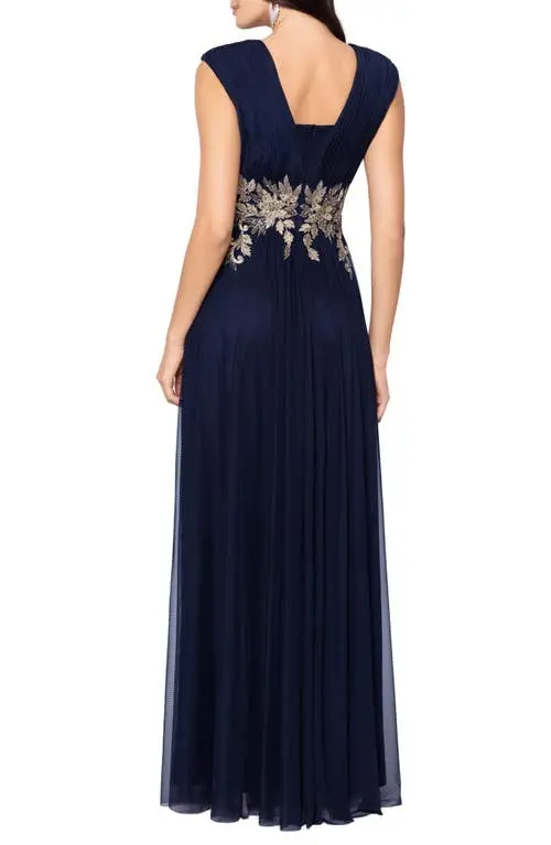 Betsy & Adam Flora Appliqu Deep V-Neck Chiffon Gown In Navy/Gold - 50% Off  | Editorialist