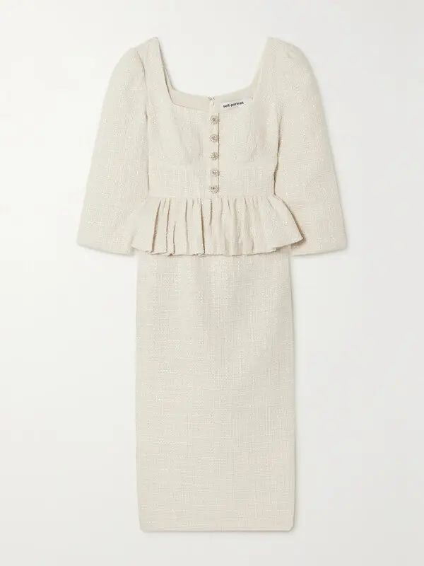SELF-PORTRAIT Embellished Bouclé-tweed Peplum Midi Dress - Neutrals