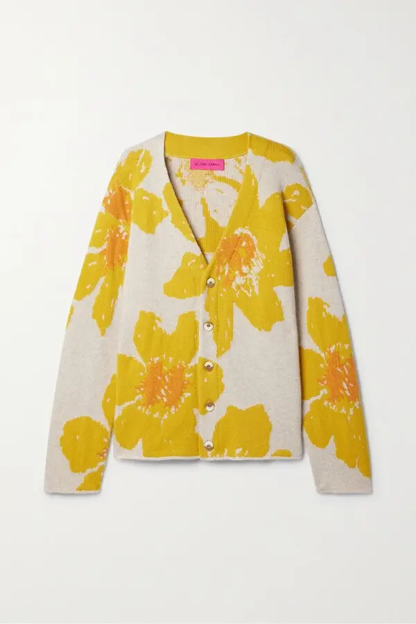 THE ELDER STATESMAN Oversized Intarsia Cashmere Cardigan - Yellow