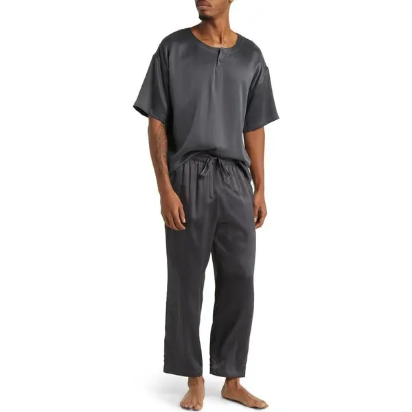 Lunya Washable Silk Henley Pajamas - Meditative Grey