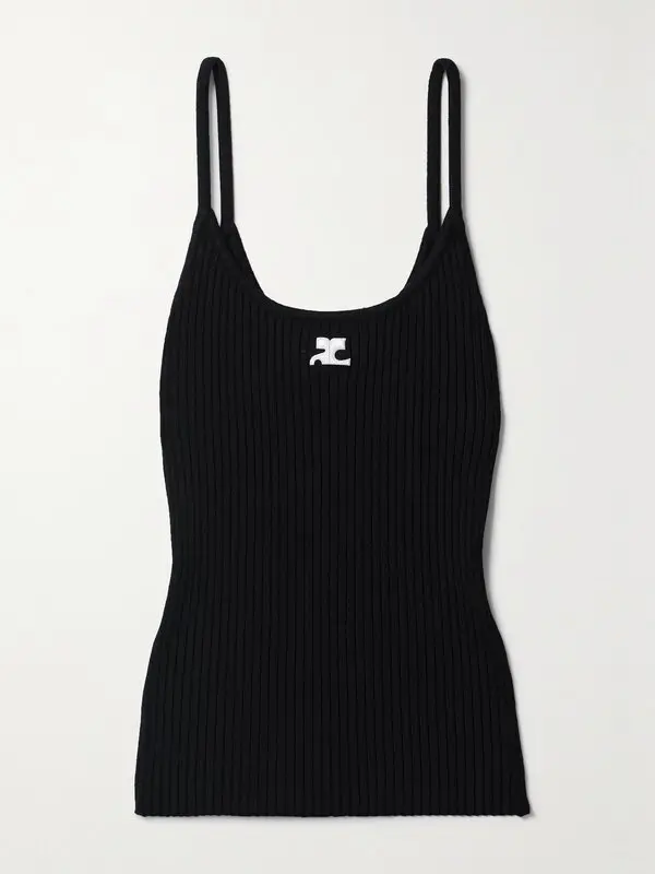 COURREGES Reedition Appliquéd Ribbed-knit Tank - Black