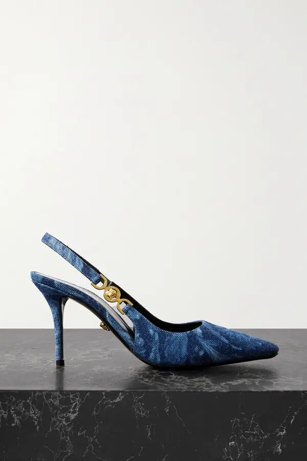 Versace Embellished Printed Denim Slingback Pumps