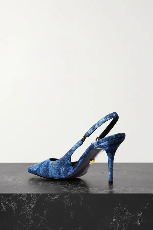 Versace Embellished Printed Denim Slingback Pumps