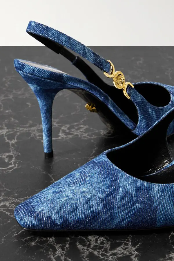 Versace Embellished Printed Denim Slingback Pumps