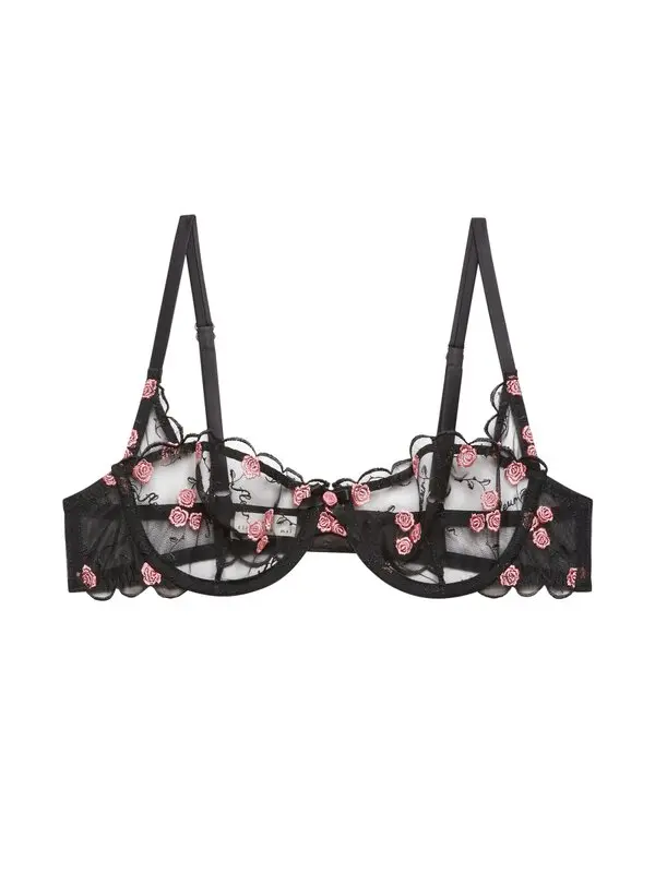FLEUR DU MAL Rose And Vine Embroidered Lace Balconette Bra - Black