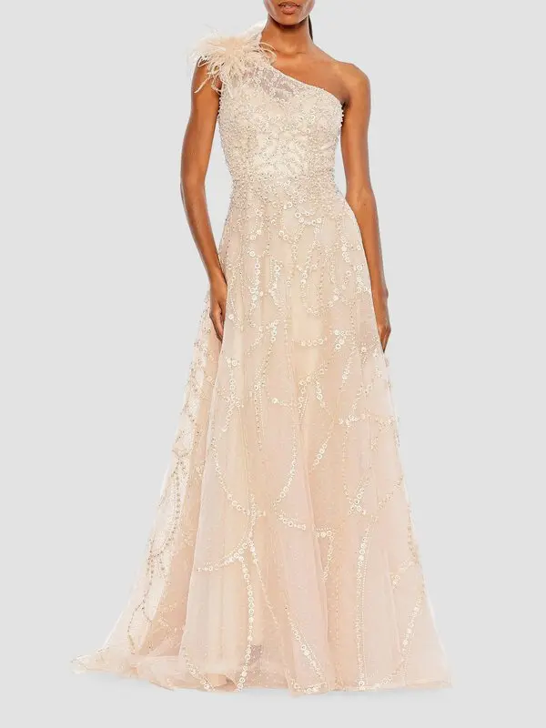 Mac Duggal Sequin & Feather-embellished Gown - Peach