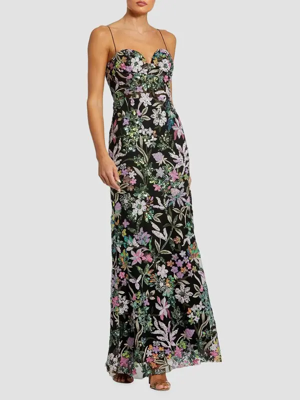 Mac Duggal Floral Sequined Sleeveless Maxi Dress - Black Multi