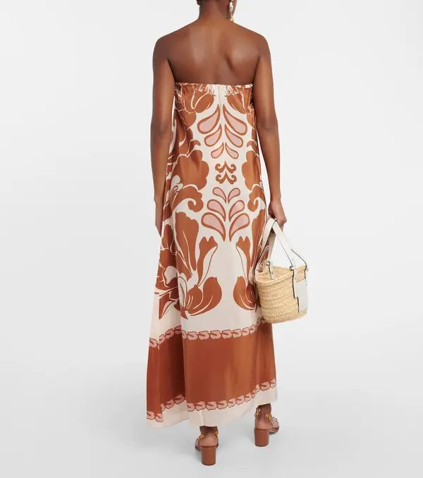 ADRIANA DEGREAS Printed Strapless Silk Maxi Dress