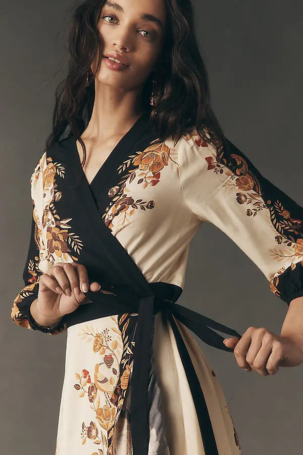 Farm Rio Long-Sleeve Floral Wrap Midi Dress In Orange Floral - 66% Off |  Editorialist