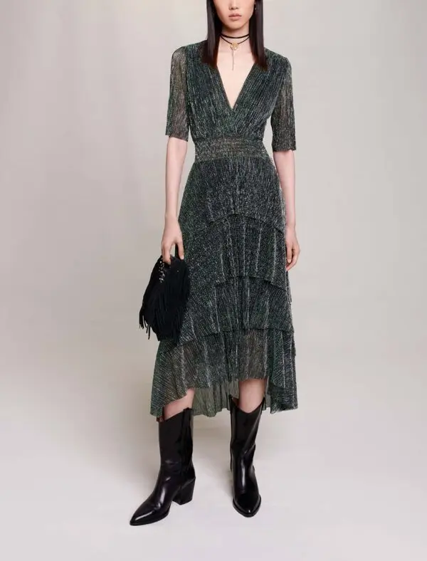 Maje Metallic Fiber Dress With Ruffles - Green / Silver