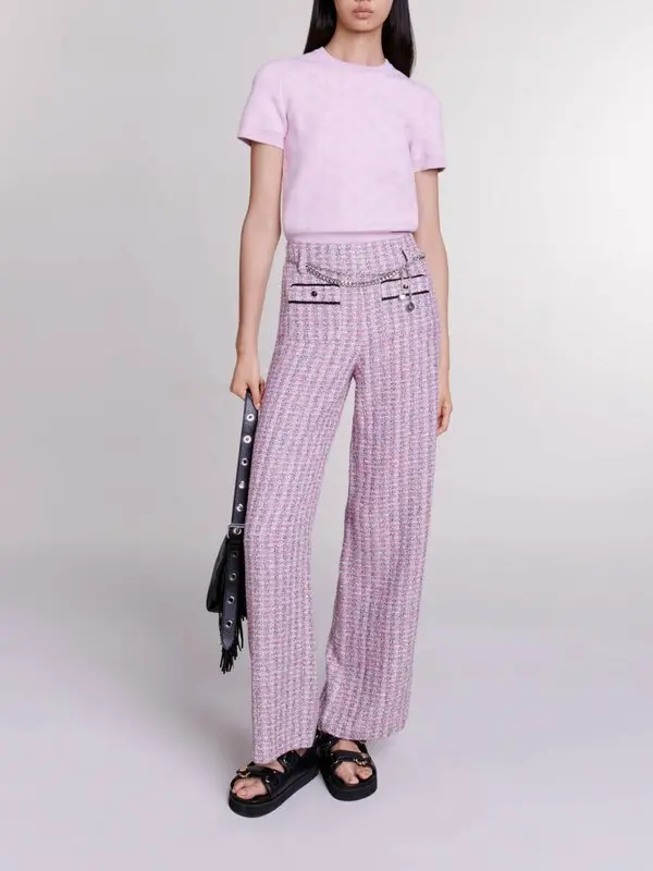 Maje Wide-leg Tweed Trousers With Chain Detail - Pink