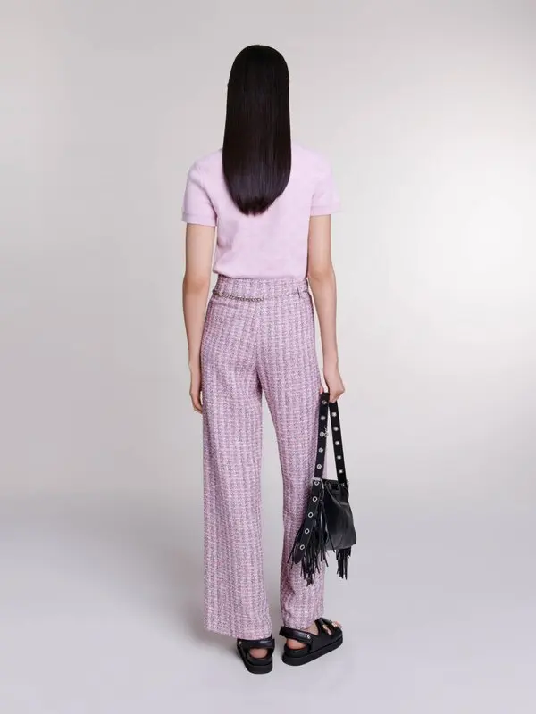 Maje Wide-leg Tweed Trousers With Chain Detail