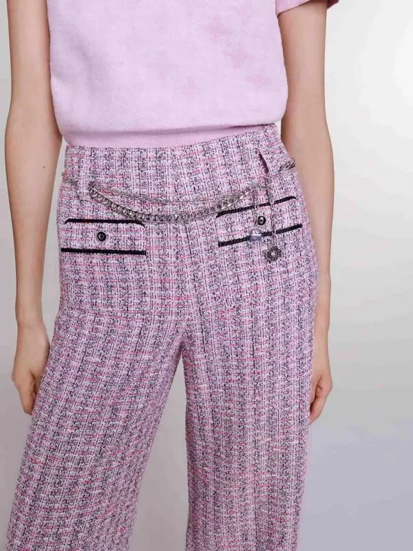 Maje Wide-leg Tweed Trousers With Chain Detail