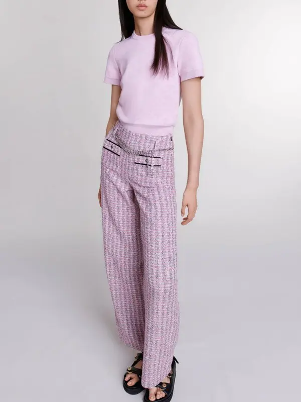 Maje Wide-leg Tweed Trousers With Chain Detail