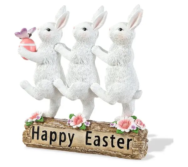 GLITZHOME 9.25' Resin Happy Easter Triple Bunny Table Decor