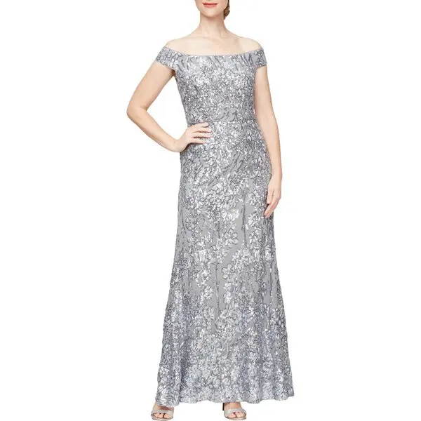Alex Evenings Floral Embroidered Sequin Off-The-Shoulder Gown In Silver -  45% Off | Editorialist