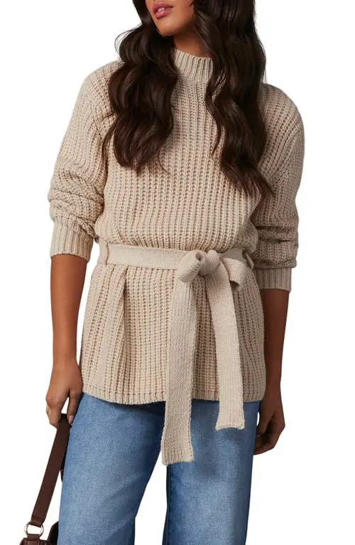 VICI Wixson Rib Belted Mock Neck Sweater - Ecru
