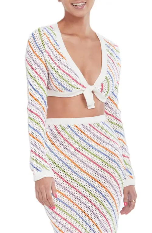 CAPITTANA Bruna Stripe Crochet Crop Cover-up Sweater - Multicolor White