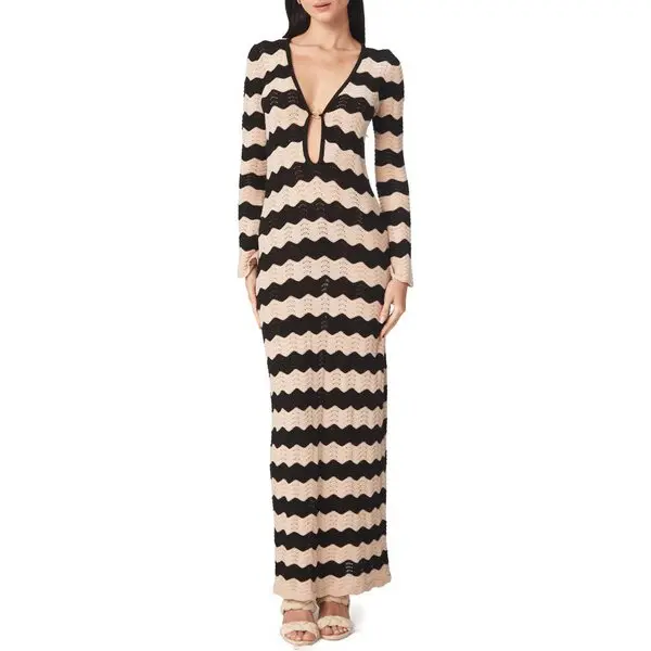 CAPITTANA Ella Stripe Long Sleeve Knit Cover-up Dress - Neutral