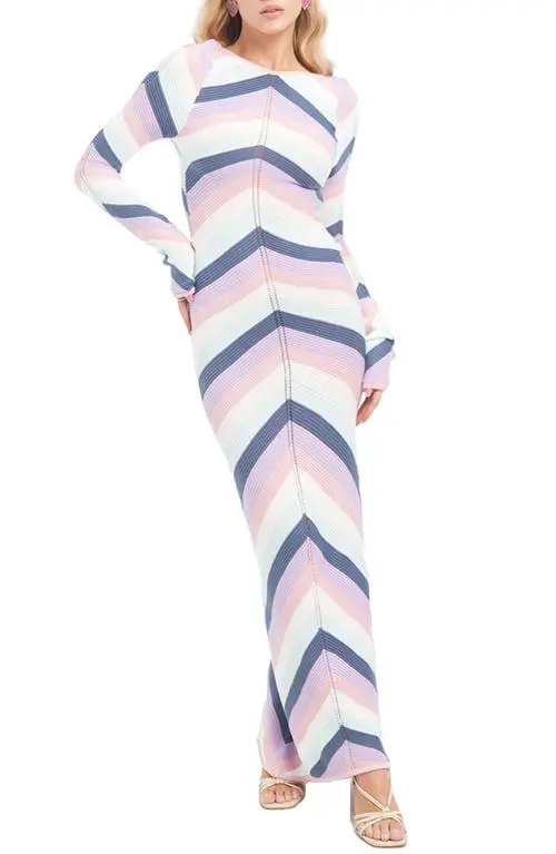 CAPITTANA Piper Long Sleeve Chevron Crochet Cover-up Sweater Dress - Multicolor White