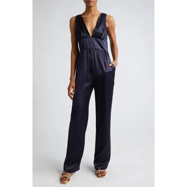 Eleventy Plunge Neck Silk Charmeuse Jumpsuit - Blue