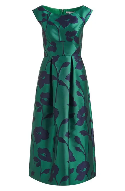 chinese dress ladies The Green Jacquard Cap Sleeve Satin Midi Dress - Satin Floral Green Midi  Dress With Sleeves - Green - Dresses main image 0