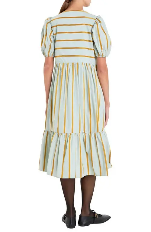 English Factory Stripe Puff Sleeve Midi Dress