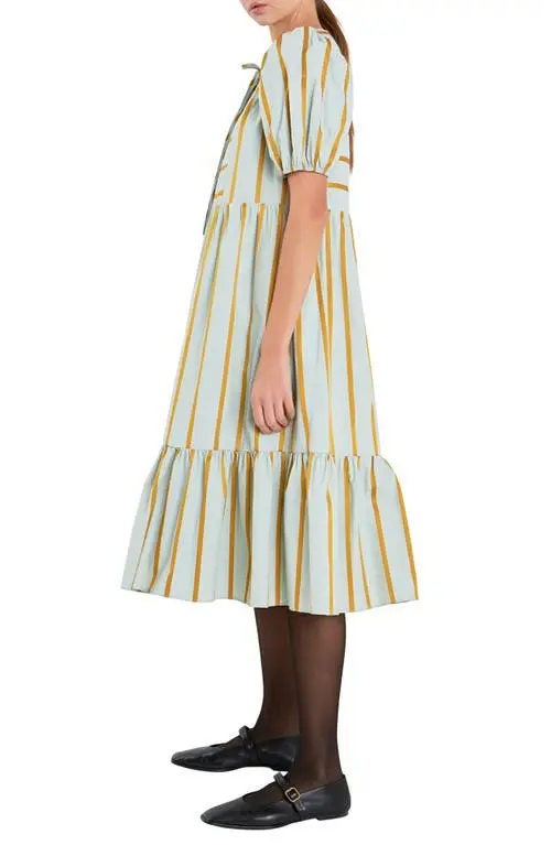 English Factory Stripe Puff Sleeve Midi Dress