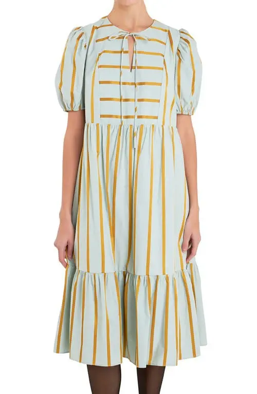 English Factory Stripe Puff Sleeve Midi Dress
