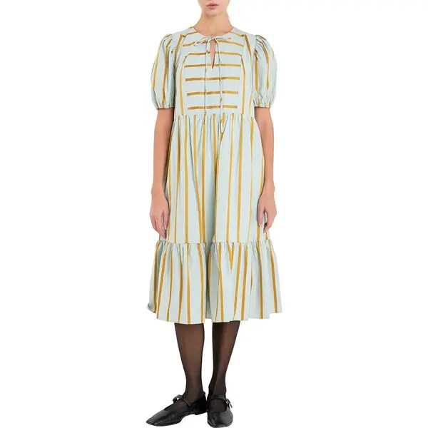 English Factory Stripe Puff Sleeve Midi Dress - Sage Multi