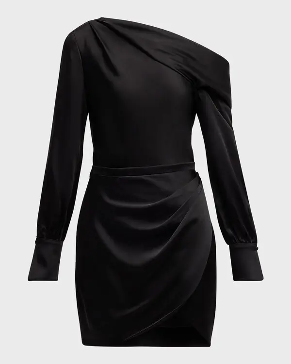 Simkhai Cameron One-Shoulder Wrap-Skirt Satin Mini Dress Black