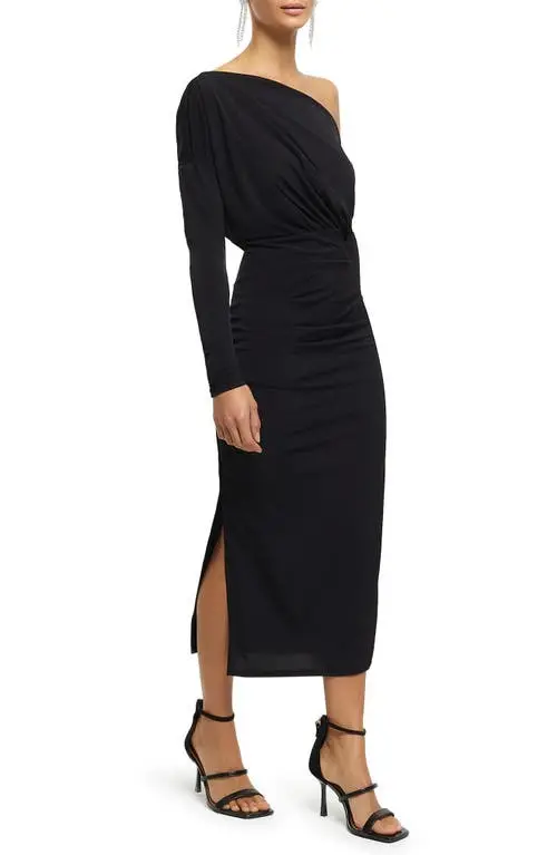 River Island Drape One-Shoulder Midi Dress In Black - 35% Off | Editorialist