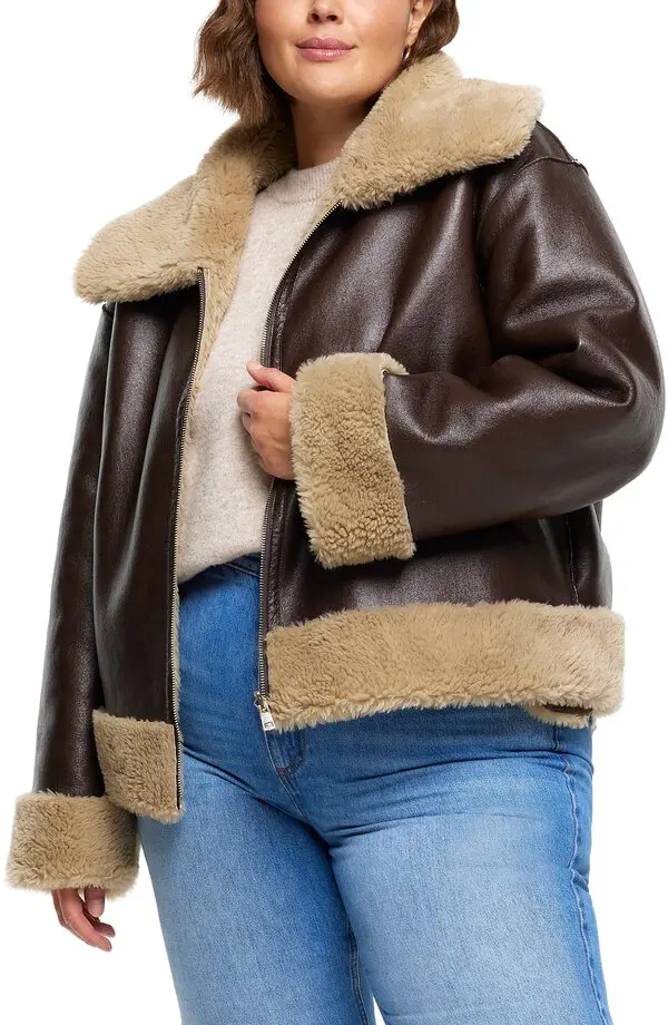 RIVER ISLAND Faux Leather & Faux Shearling Reversible Aviator Jacket