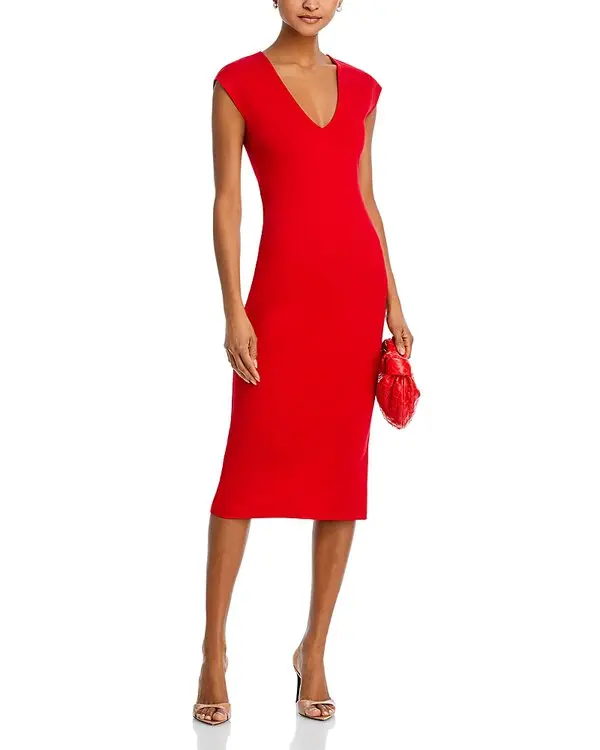 Aqua V-neck Ponte Midi Dress - Red