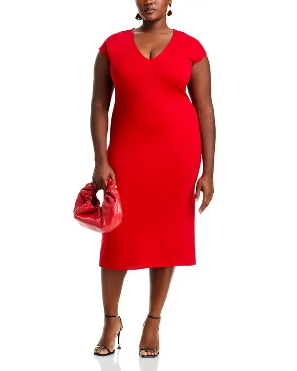 Aqua V-neck Ponte Midi Dress - Red