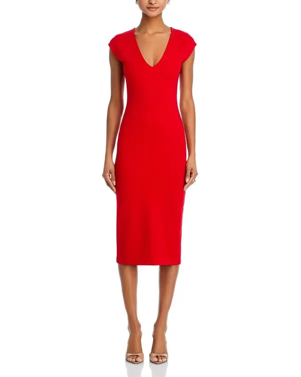 Aqua V-neck Ponte Midi Dress - Red