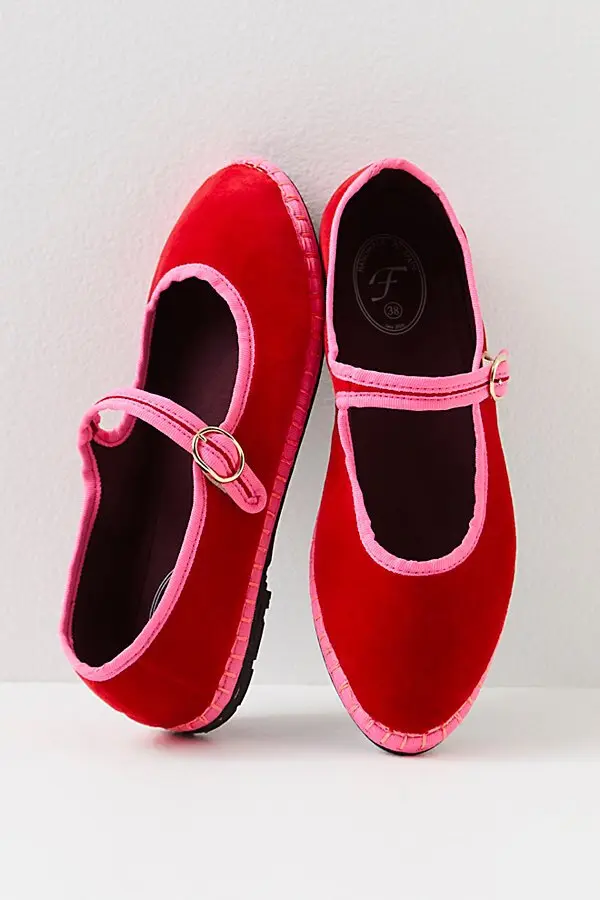 FLABELUS Happy Place Mary Janes - Red/pink Velvet
