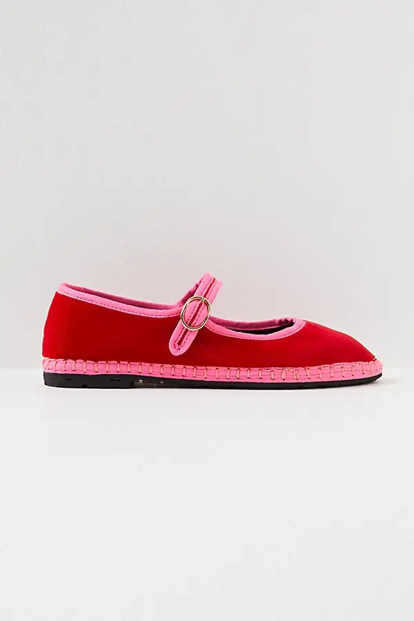 FLABELUS Happy Place Mary Janes - Red/pink Velvet