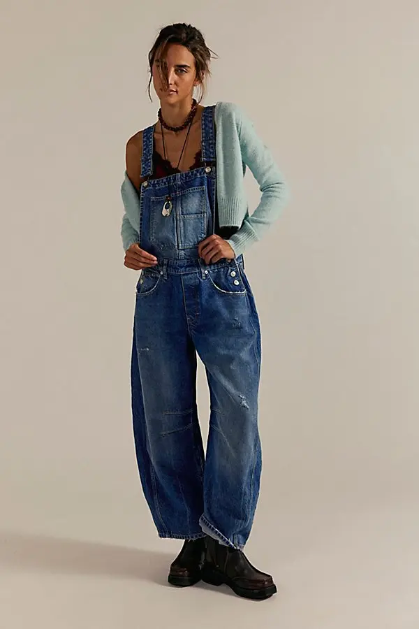 Free People We The Free Good Luck Barrel Overalls - Blue Glory
