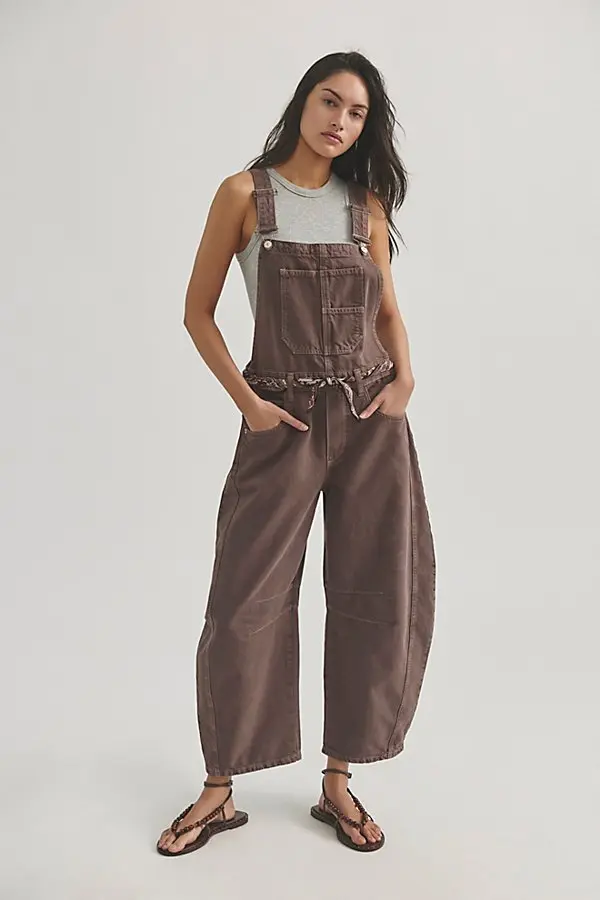 Free People We The Free Good Luck Barrel Overalls - Chocolate Mousse