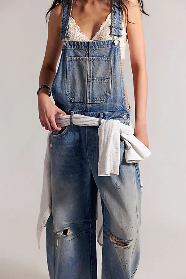 Free People We The Free Good Luck Barrel Overalls - Distant Oceans