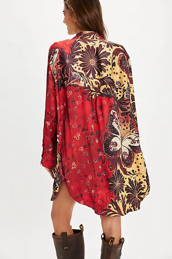 Free People Rose-print Satin Button Down - Ruby Butterfly Combo