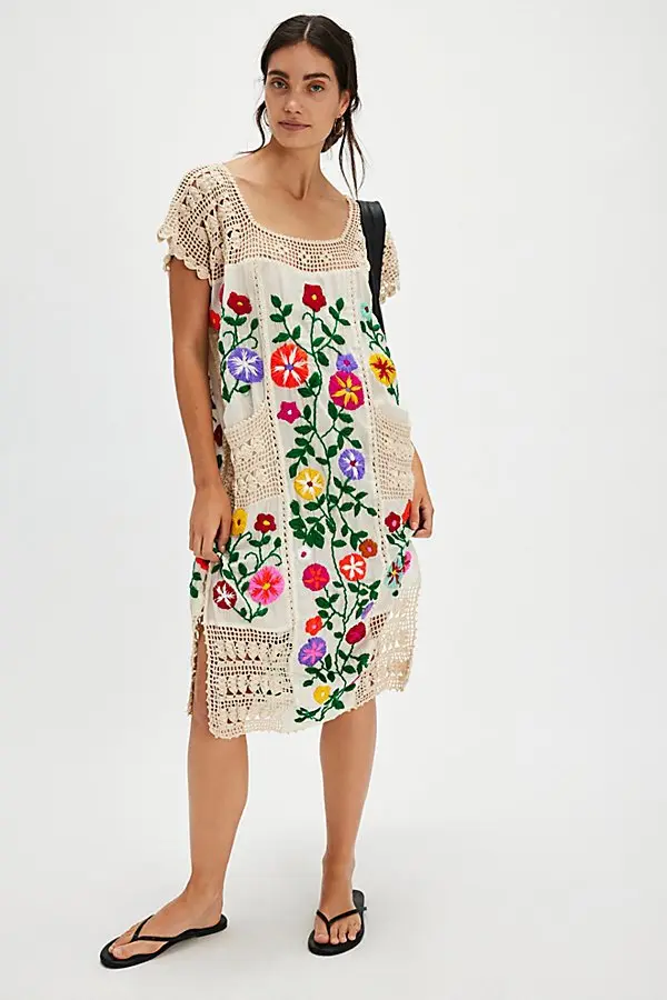 Free People Isabella Embroidered Crochet Kaftan - Ivory