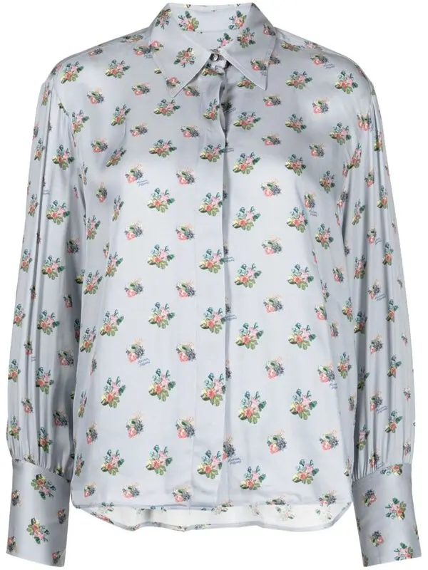 Maison Kitsuné Floral-print Twill Shirt - Blue