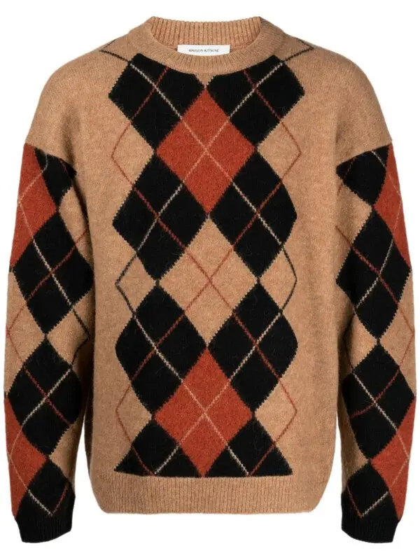 Maison Kitsuné Argyle-pattern Crew-neck Jumper - Brown