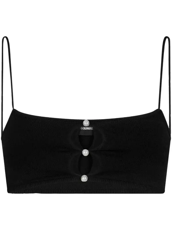 Dsquared2 Fine-knit Cutout Crop Top With Faux Pearl Buttons - Black