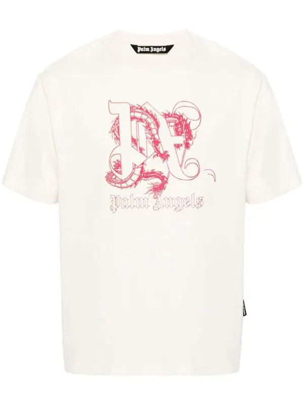 Palm Angels Dragon-monogram Cotton T-shirt - Neutrals