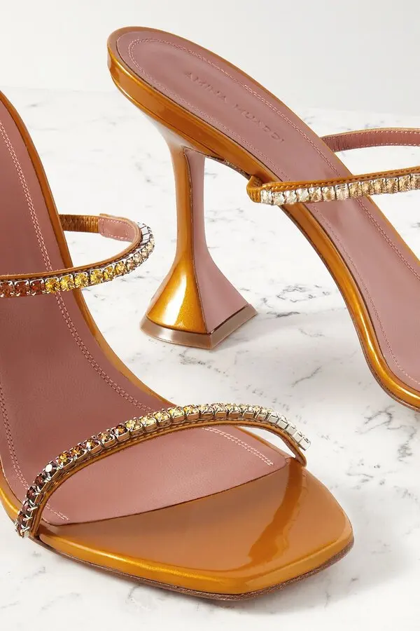 Amina Muaddi Gilda Crystal-embellished Patent-leather Mules - Tan