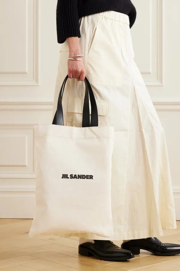 JIL SANDER Leather-trimmed Logo-print Canvas Tote - Neutrals