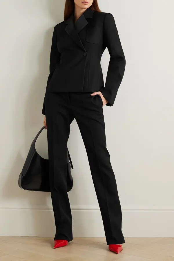 FERRAGAMO Silk-blend Satin-trimmed Grain De Poudre Wool Slim-leg Pants